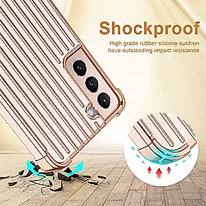 PTUONIU Kickstand Case for Samsung Galaxy S21 5G, [Two-Way Stand] [Reinforced Drop Protection] [Anti-Scratch] Slim Shockproof Stand Case with Camera Protector+Silicone Strap for Samsung S21- Gold