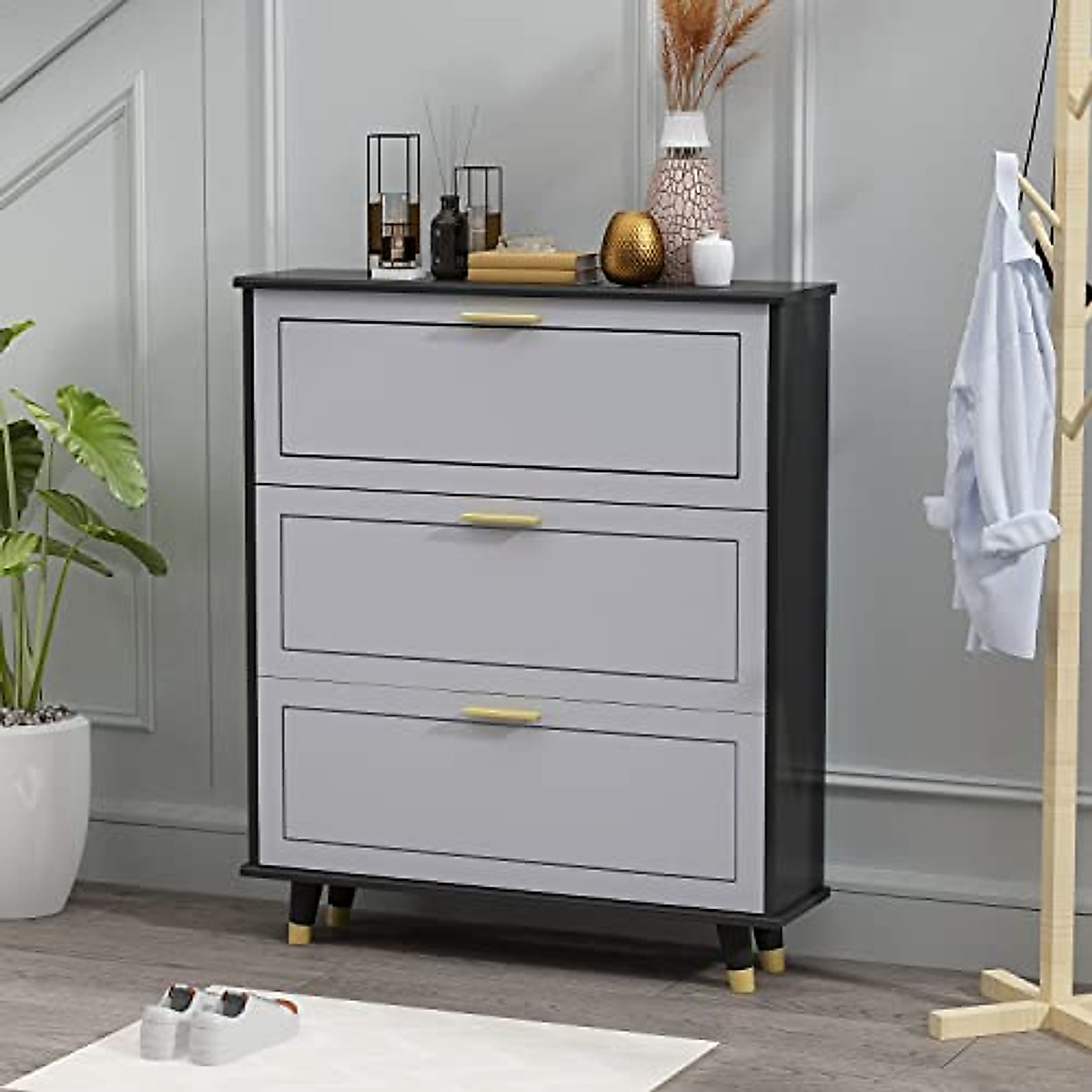 AIEGLE Shoe Cabinet with 3 Flip Drawers, Floor Shoe Storage Organizer Wood Shoe Rack for Entryway Halloway Living Room, Grey (35.4" L x 9.4" W x 47.2" H)