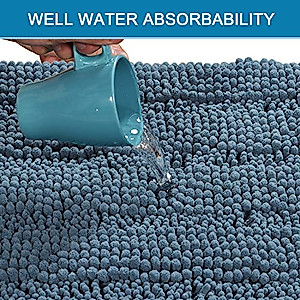 Bath Rugs for Bathroom Non Slip Bath Mats Extra Thick Chenille Striped Rug 20" x 32" Absorbent Non Skid Fluffy Soft Shaggy Washable Dry Fast Plush Mat for Indoor, Bath Room, Tub - Stone Blue