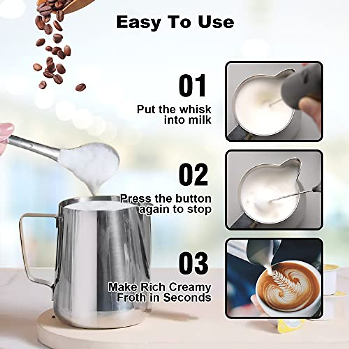 Rechargeable Milk Frother Handheld Electric Whisk Beater Foam Maker, Durable Mini Drink Mixer and Coffee Blender Frother for Coffee, Latte, Cappuccino, Frappe, Matcha, Hot Chocolate, Egg (Black)