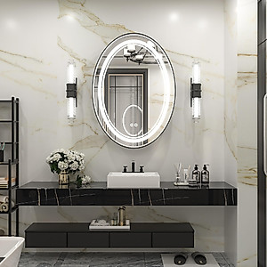 Keonjinn 22 x 30 Inch Oval LED Mirror for Bathroom with Front Lights Black Framed 3 Color Temperature Wall Mounted Vanity Mirror Dimmable Waterproof IP54