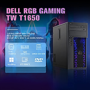 Dell RGB Gaming Desktop PC, Intel Quad I5 up to 3.6GHz, 16GB RAM, GeForce GTX 1050 Ti 4G GDDR5, 128G SSD + 2TB, DVD, WiFi & Bluetooth, RGB Keyboard & Mouse, Win 10 Pro (Renewed)