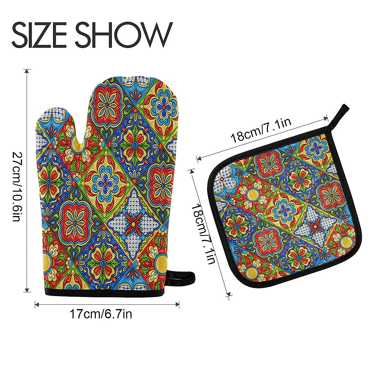 Oven Gloves Pot Holders Mexican Talavera Ceramic Tile Pattern Kitchen Soft Oven Insulation Mitts Heat Resistance Potholder Sets Safe Baking Cooking Microwave