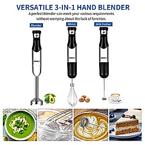 Immersion Hand Blender Electric, OBERLY 500W Smart Stepless 3-in-1 Heavy Duty Handheld Stick Mixer, Stainless Steel Blade with Milk Frother, Egg Whisk for Coffee Foam, Smoothies and Puree