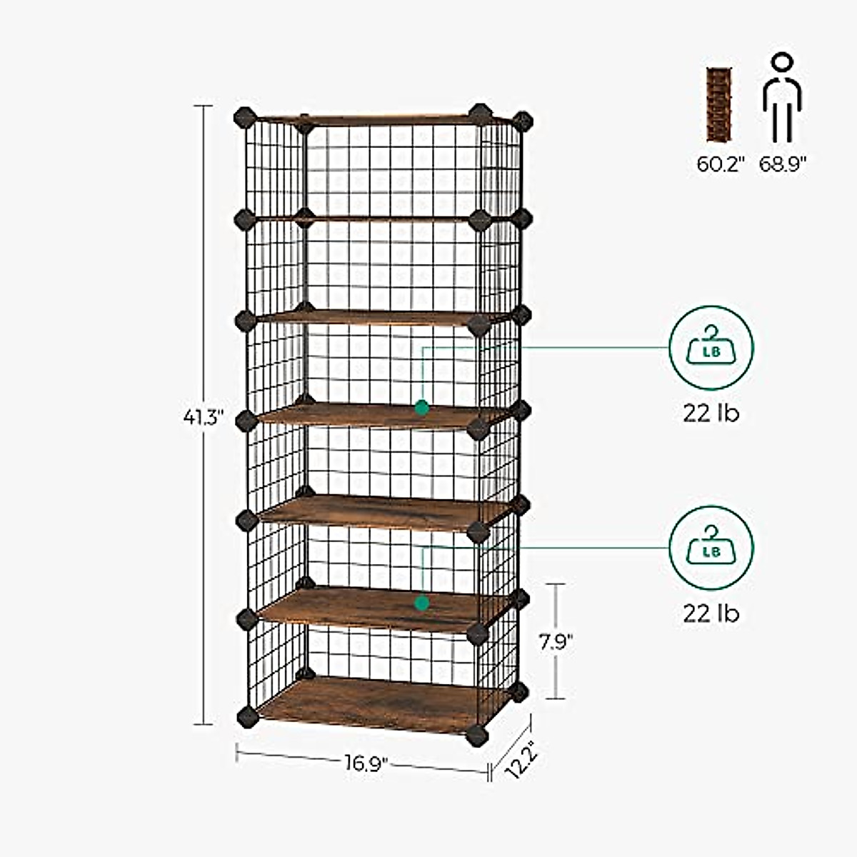 SONGMICS 6-Tier Shoe Rack for 12 Pairs, Expandable Modular DIY Storage Shelf, Closet Divider, with Plastic Panels, Rustic Brown + Black