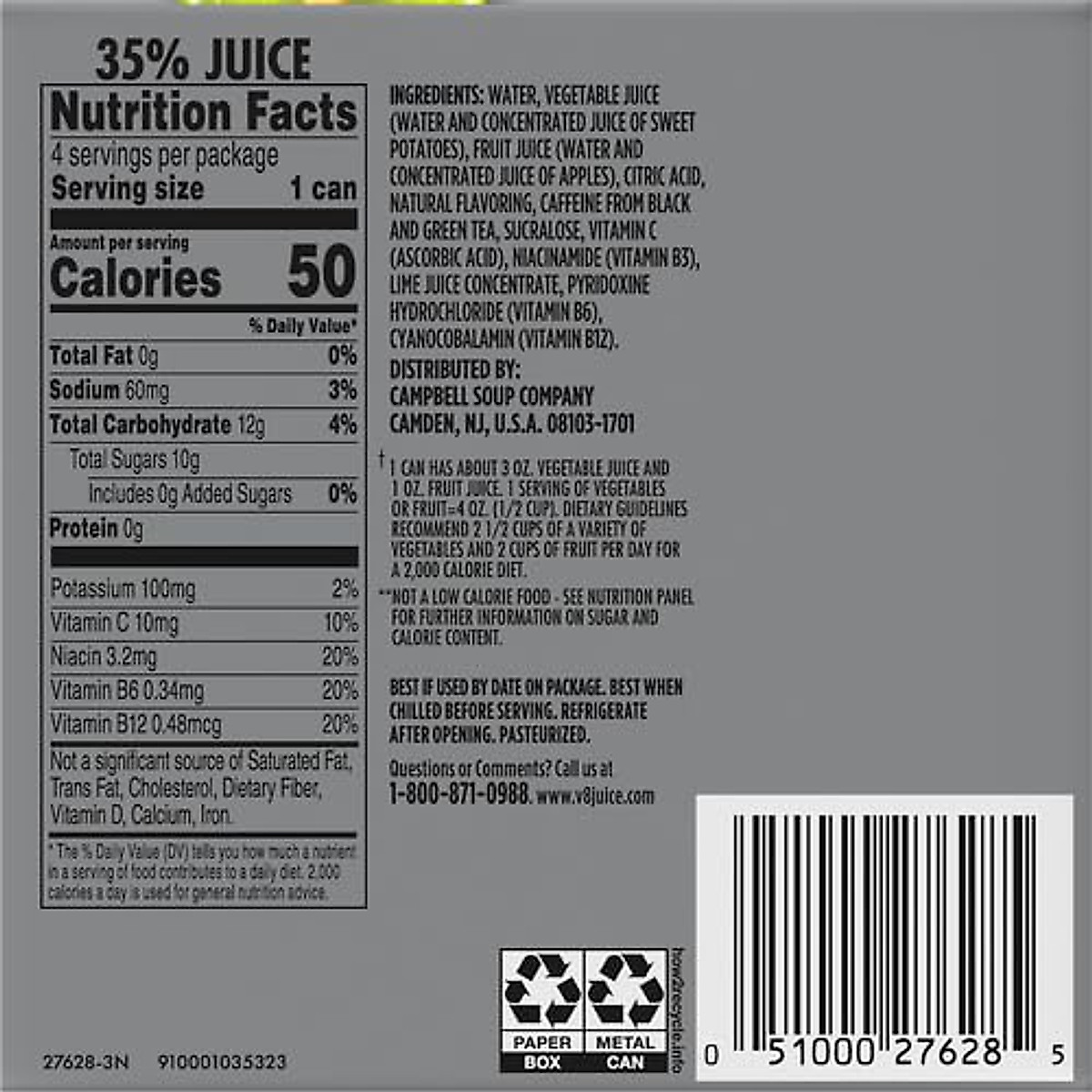 V8 +Energy Sparkling Lemon Lime Juice Energy Drink, 11.5 fl oz Can (4 Pack)