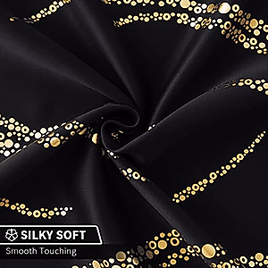 Yakamok Blackout Curtains for Livingroom - Wave Line with Dots Gold Print Design Noise Reducing Thermal Insulated Solid Ring Top Blackout Window Drapes for Livingroom (2 Panels, 52 x 84 Inch, Black)