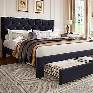 GarveeHome Upholstered Queen Bed Frame with 2 Storage Drawers, Velvet Platform Bed Frame with Button Tufted Rivets Headboard, Heavy Duty, No Box Spring Needed, Easy Assembly, Black