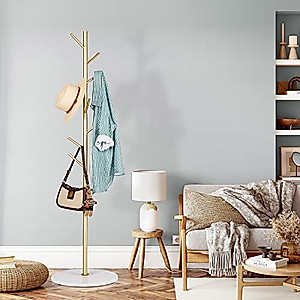 ZOZOE Coat Rack, Metal Coat Rack Freestanding Satin Steel with Heavy Stable Marble Base, Gold Coat Rack Stand 67’’ with 8 Hooks for Hanging Clothes, Bags, Hats, Accessories
