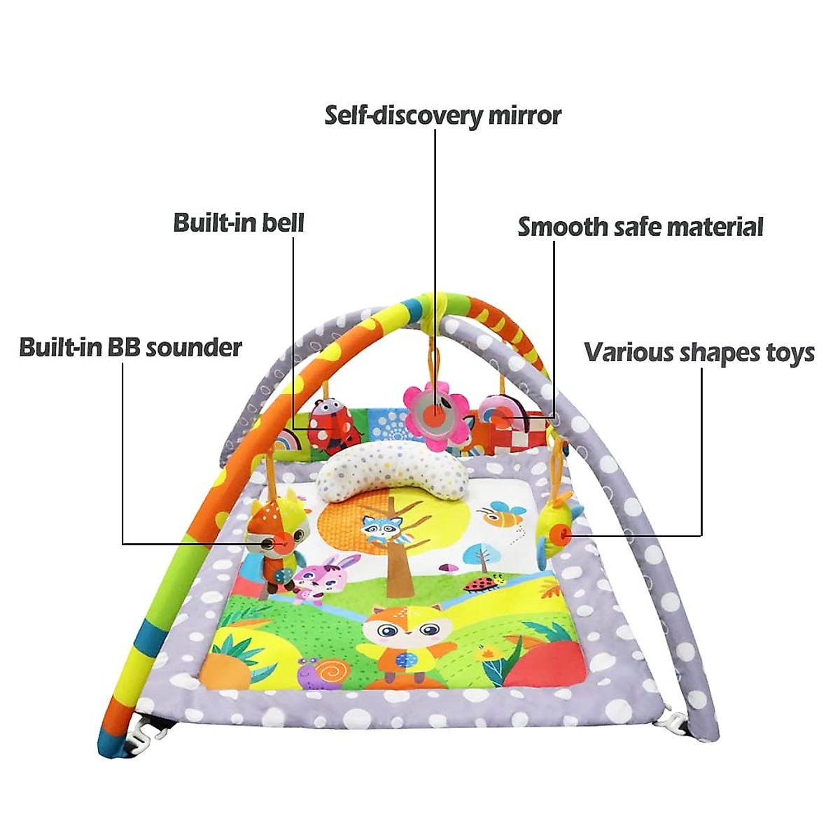 KAKIBLIN Baby Play Gym Mat, 4 in 1 Tummy Time Activity Play Mats for Baby with 5 Detachable Toys, Foldable Baby Playmats Floor Gyms for Easy Transport, Playpen Function, 80 x 70 CM, Purple