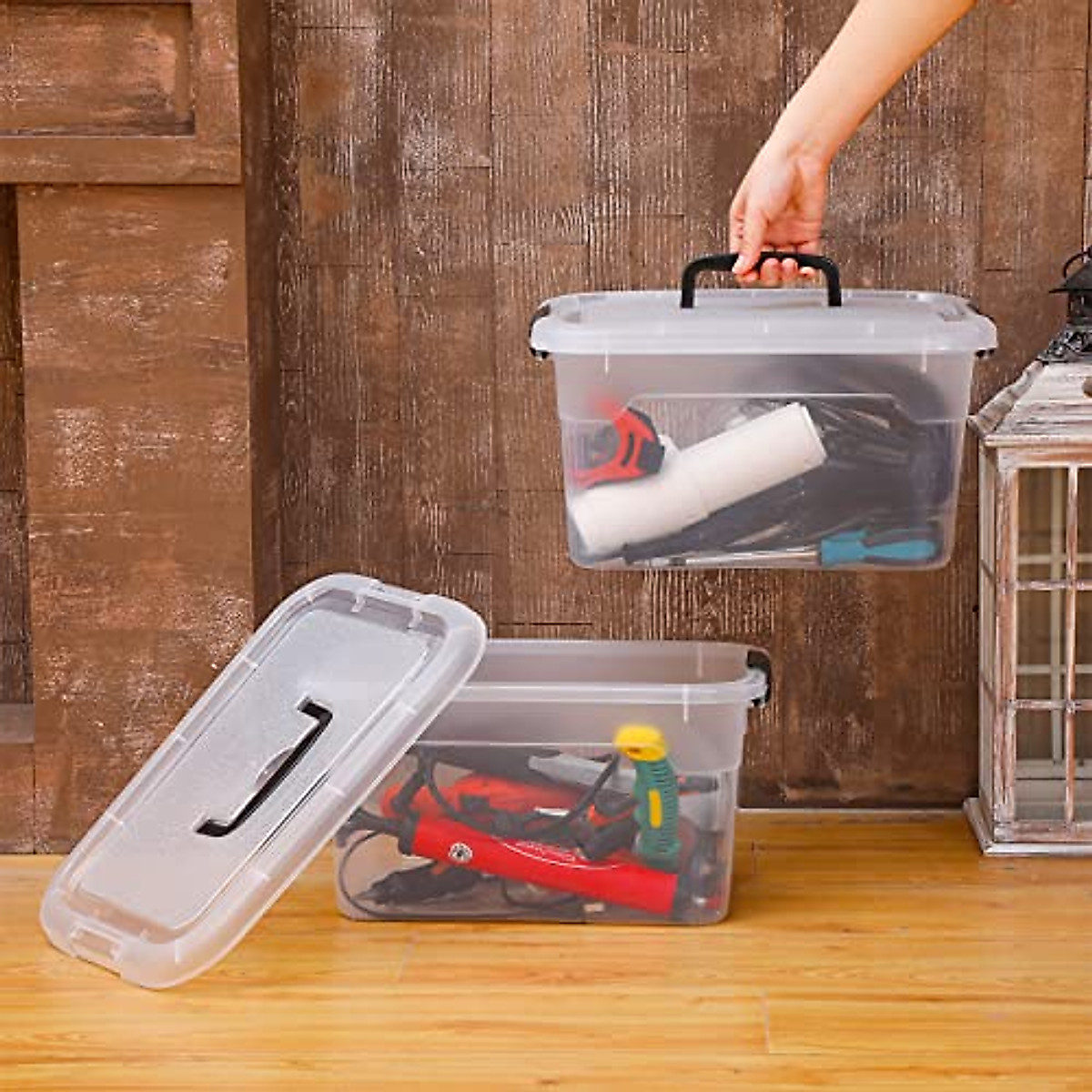 Sadnyy 4 Pack Clear Plastic Storage Latch Box Stackable Plastic Storage Bins with Latching Lids and Wheels Clear Large Storage Boxes Organizing Container for Home Garage Closet Classroom (15 Quart)