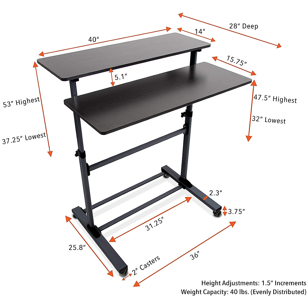 Stand Steady Tranzendesk | Height Adjustable Teacher Desk on Wheels | Mobile Standing Desk with Shelf | Two Level Portable Workstation | Stand Up Desk for Presentations (Black/40x28in)