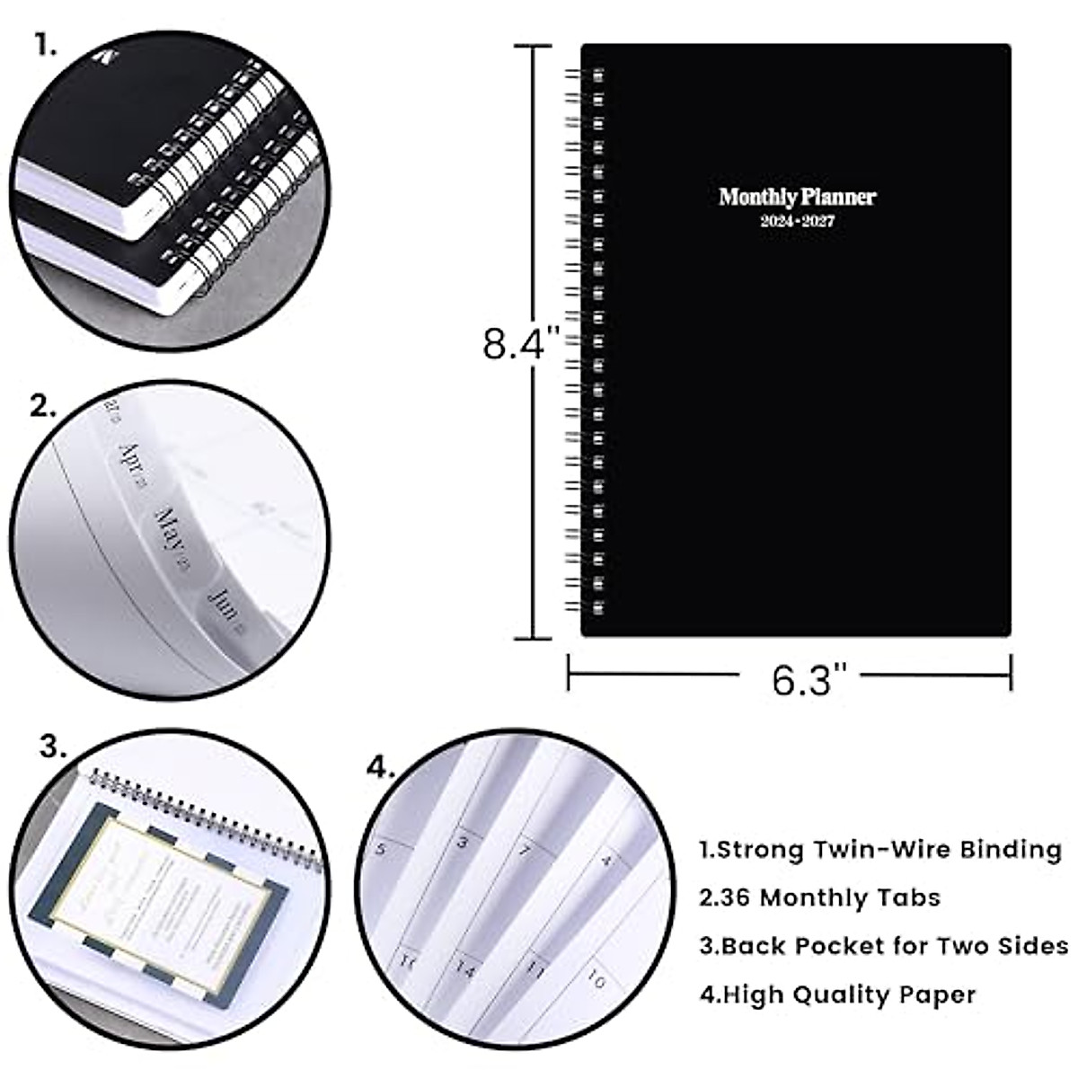 2024-2027 Monthly Planner/Calendar - 3 Year Monthly Planner 2024-2027, Jul 2024 - Jun 2027, 6.3" x 8.4", 36 Monthly Planner with Tabs, 30 Notes Pages, Double-side Pocket, Holidays