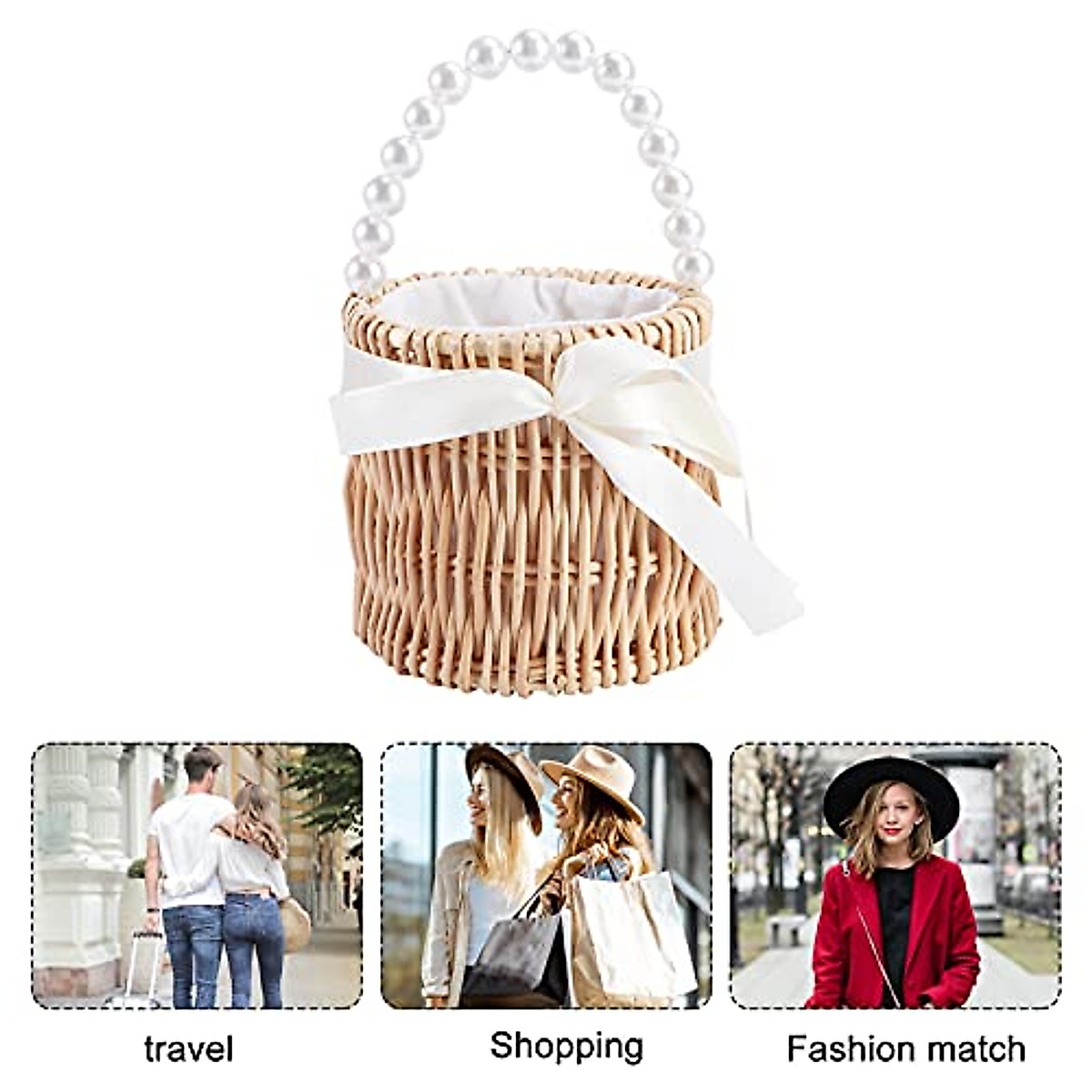 IMIKEYA Wicker Storage Basket Rattan Handbags Straw Flower Girl Basket Rustic Wedding Ring Bearer with Pearl Handle Summer Beach Tote Bag for Summer Photo Prop Wicker Hamper