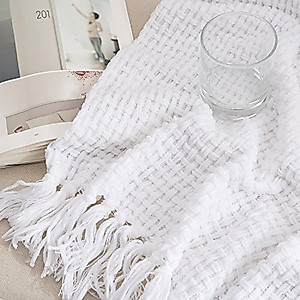 Melody House Super Soft Woven Plaid Pattern Throw, Decorative Throw Blanket with Tassels, 50x60, Bright White