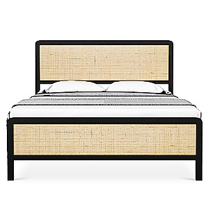Alkmaar Queen Size Metal Bed Frame with Rattan Headboard and Footboard, Platform Bed Frame with Safe Rounded Corners, Under Bed Storage, Strong Metal Slat Support, No Box Spring Needed