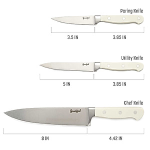 Goodful Premium Cutlery Kitchen Essential Knife Set, High Carbon Stainless Steel Blades Cutlery, Full Tang, Triple Riveted Handles, 3-Piece, Cream