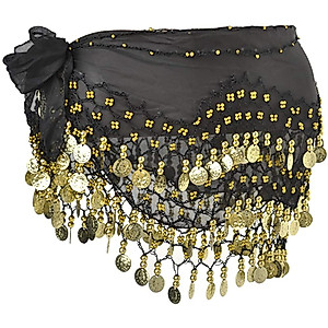 REINDEAR Vogue Style Chiffon Dangling Gold Coins Belly Dance Hip Scarf (Black)