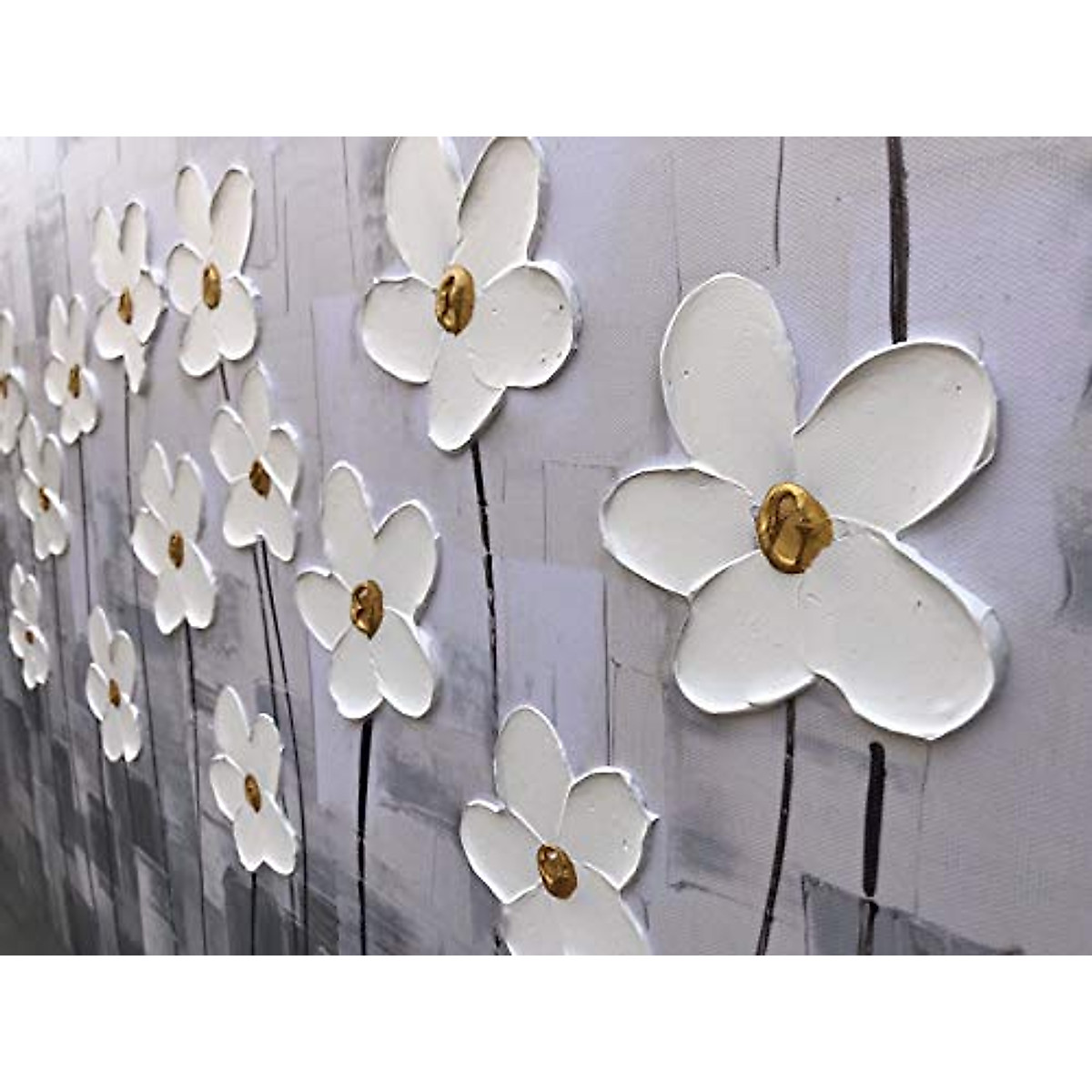 Yihui Arts Canvas Wall Art Grey and White Flowers Pictures Blossom Modern Floral Pallet Knife Painting Framed for Bedroom Kitchen Dinning Room Living Room Office Home Decor