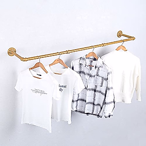 OLDRAINBOW Industrial Pipe Clothing Rack Wall Mounted,Vintage Retail Garment Rack Display Rack Cloths Rack,Metal Commercial Clothes Racks for Hanging Clothes,Iron Clothing Rod Laundry Room(59in,Gold)