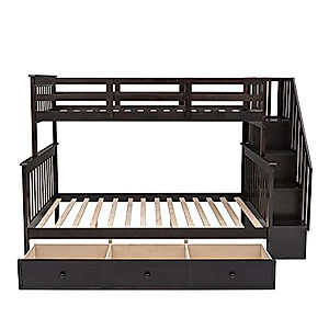 TARTOP Twin Over Full Bunk Bed with Drawer, Wood Bedfram w/Storage Stairway and Guard Rail for Bedroom, Dorm, Adults, No Box Spring Needed,Espresso