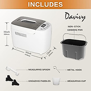 Davivy Bread Maker Machine 3LB with 2 Dough Kneading Paddle Dough Maker,15-in-1 Automatic Bread Machine Maker with Nonstick Bowl For Bread, Jam& Yogurt, 3 Loaf Sizes and 3 crust settings,15-H Delay Timer（850W,Silver,3.3LB）