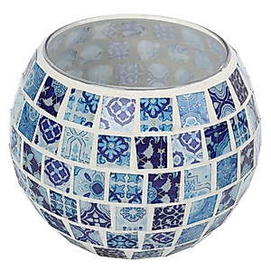 Blue and White Mosaic Candleholder, Glass Votive Candle Holders Round Bowl Tealight Holders Potted Plant Bowl Vase Candlestick Holder Table Centerpieces