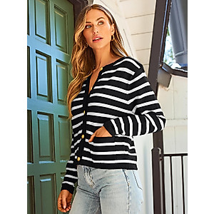 LILLUSORY Women's Striped Cardigan Sweaters Fall Outfits Clothes Fashion Trendy Long Sleeve Tops Casual Knit Lady Jackets Black White M