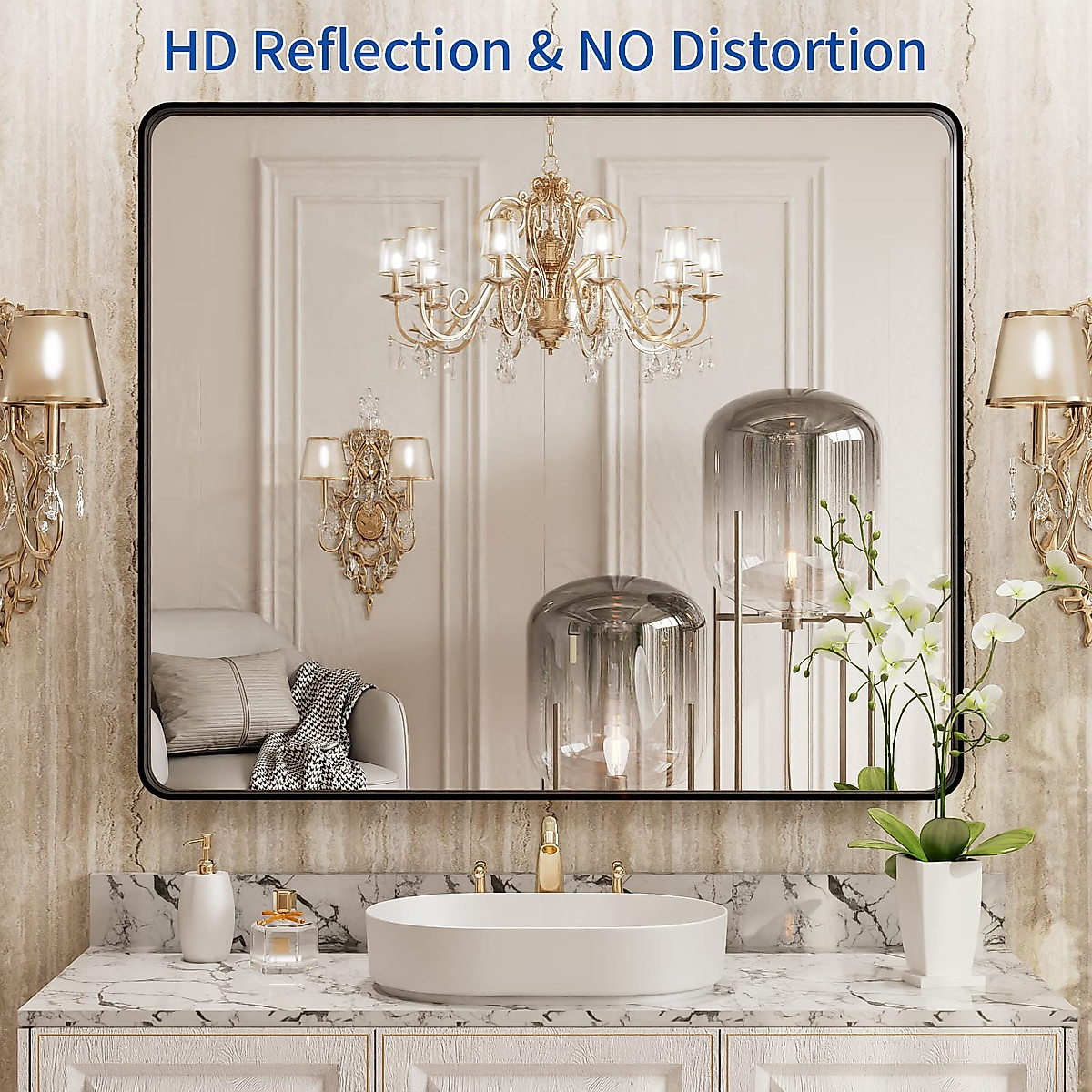 WEER 36X30 Inch Black Metal Framed Bathroom Mirror, Matte Black Bathroom Vanity Mirror, Rectangular Black Wall Mirror for Bathroom, Tempered Glass, Rounded Corner, Hangs Horizontal or Vertical