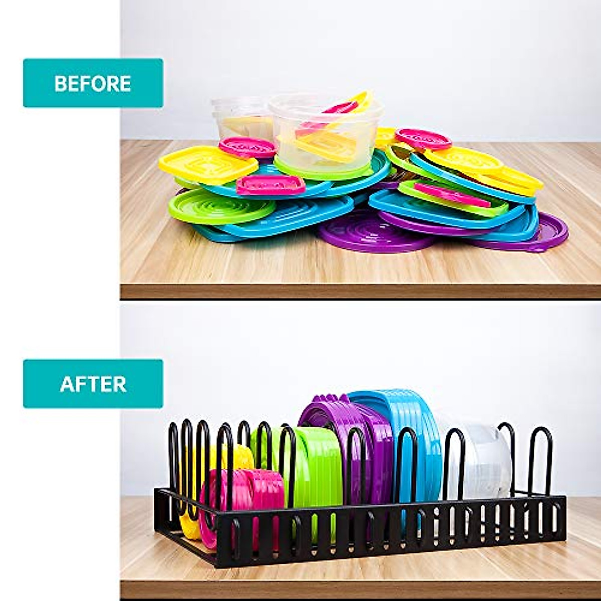 GeekDigg Lid Organizer for Plastic Lids for Cabinet, with 6 Adjustable Dividers & Bathroom Hanging Shower Head Caddy Organizer, Three Tier, Rust Proof Premium Hanger Design With Suction Cups, Hooks