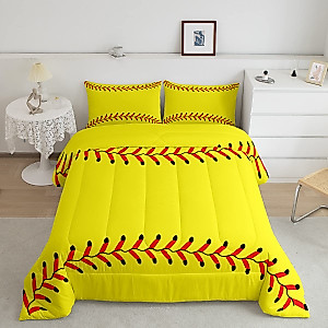 Feelyou Softball Comforter Set for Girls Boys Kids Baseball Comforter Yellow Bedroom Decor Teens Men Ball Sports Game Bedding Set Baseball Gaming Quilt Set Queen Size 3Pcs for All Season