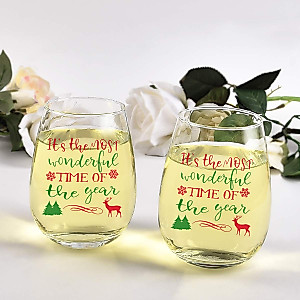 Futtumy It's the Most Wonderful Time of the Year Stemless Wine Glass 15oz, Unique Christmas Wine Glass for Men Women Mom Dad Wife Husband Friend on Christmas Birthday Wedding, Set of 2