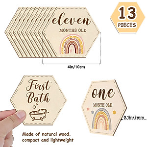 13 Pcs Wooden Baby Shower Milestone Blocks Cards Wood Baby Shower Month Signs Discs Boho Double Side Print Marker Gift Photo Prop Disc Set Birth Announcement for Baby Shower Newborn(Rainbow)