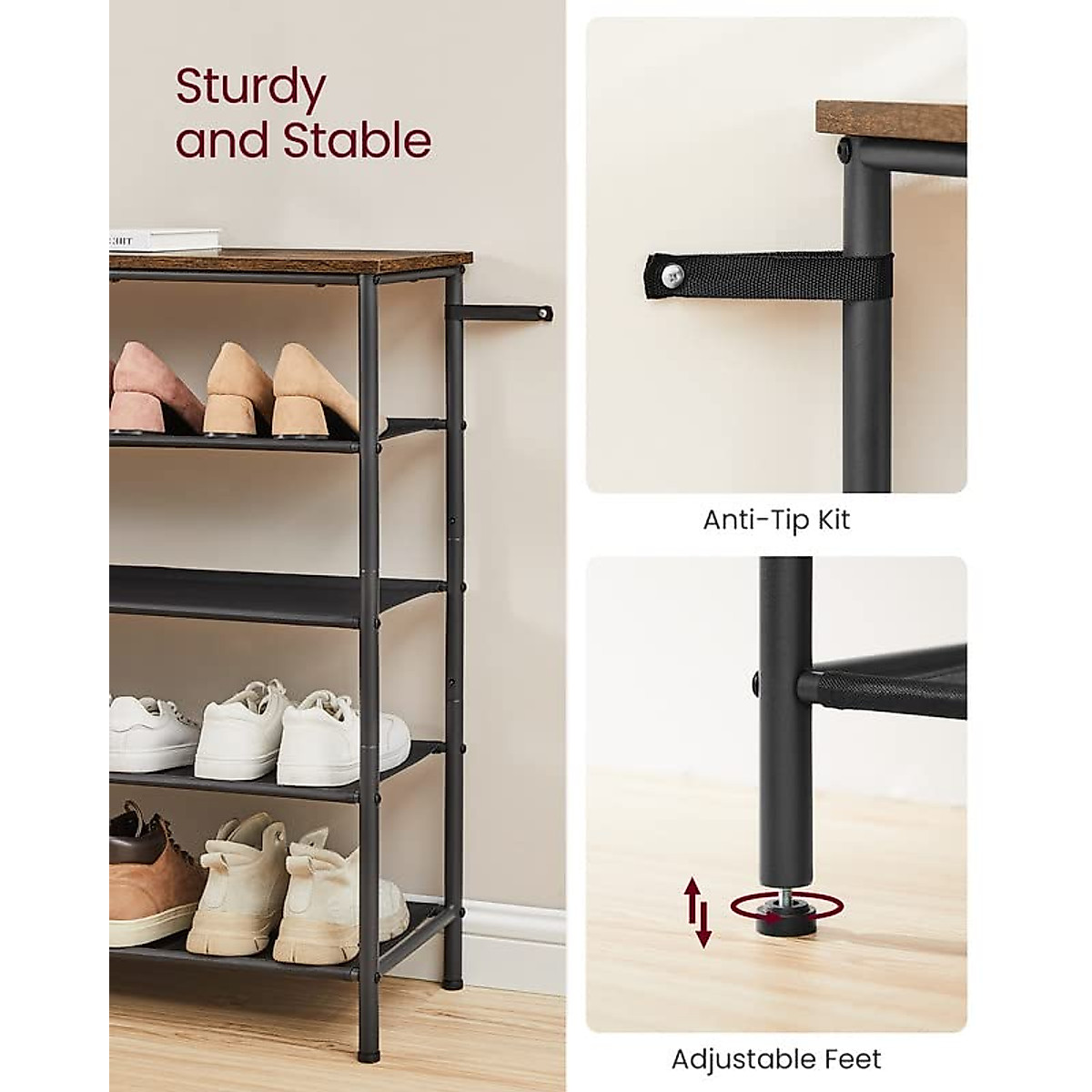 VASAGLE Shoe Rack 5 Tier, Narrow Shoe Organizer for Closet Entryway, with 4 Fabric Shelves and Top for Bags, Shoe Shelf, Steel Frame, Industrial, Rustic Brown and Black ULBS136B01