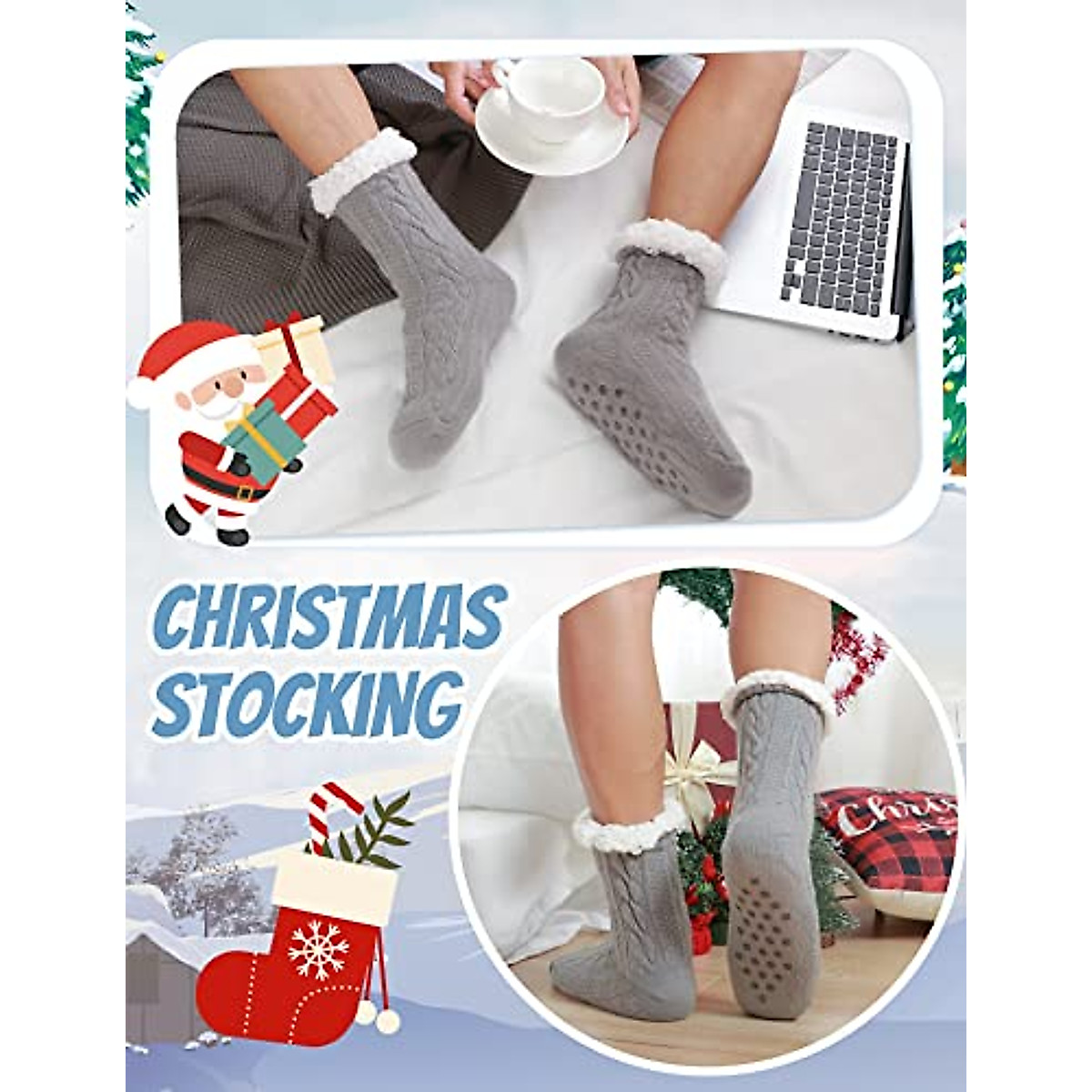 ProEtrade Slipper Fuzzy Socks for Mens Winter Fluffy Cozy Cabin Warm Fleece Soft Thick Comfy Anti Slip Gift Home Christmas Stocking Stuffer with Grips(Light Grey)