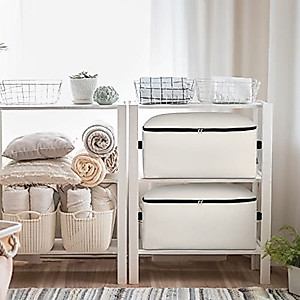 4 Pcs Large Canvas Storage Bag Thick Blanket Storage Bags Soft Breathable Closet Organizer with 3 Side Zipper Open and Handles for Comforter Wardrobe Garment Dress Closet, Beige, 23.6 x 18.9 x 11 Inch