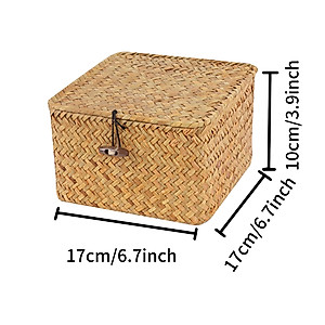 Moosky Wicker Shelf Baskets with Lid, Handwoven Seagrass Storage Basket Bins Square Gift Boxes for Shelves Home Decor Organizer (Natural, X-Small)