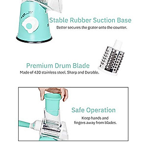 X Home Rotary Cheese Grater Kitchen Mandoline Vegetables Slicer Cheese Shredder with Rubber Suction Base, 3 Stainless Drum Blades Included, Easy to Use and Clean,Blue