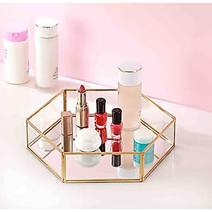 PinkBoss Glass Makeup Tray Handmade Perfum Mirror Storage for Vanity (Gold)