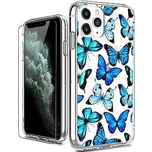 LUHOURI Designed for iPhone 11 Pro Max Case with Screen Protector - Slim Fit, Sturdy Clear Acrylic Cover for Women and Girls - Protective Phone Case 6.5" - Floral Blue Butterflies