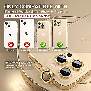 Choiche [3+1] for iPhone 14 Pro/iPhone 14 Pro Max Camera Lens Protector Bling, 9H Tempered Glass Camera Cover Screen Protector Metal Ring Decoration Accessories (Glitter-Gold)