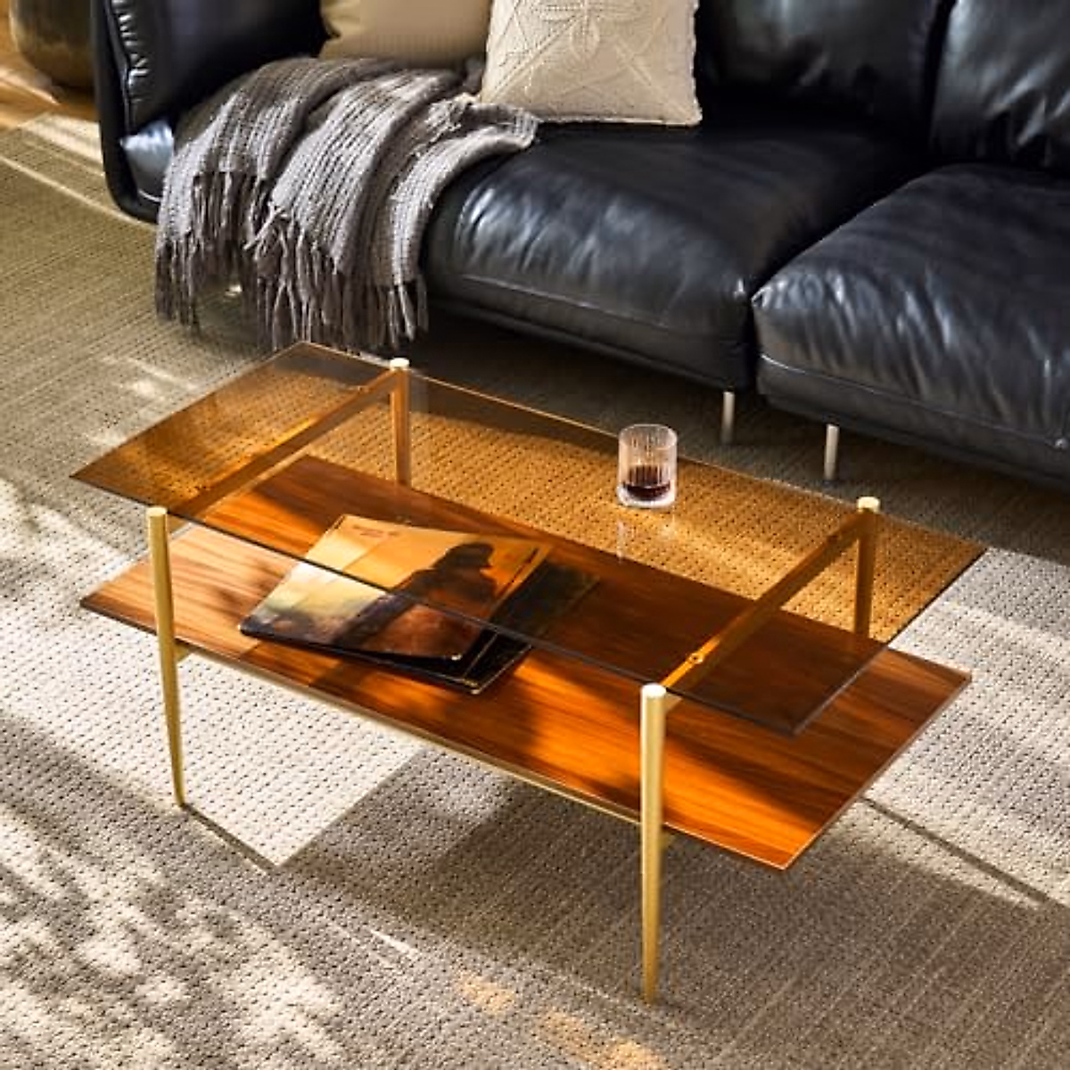 Saint Mossi Tadio Double Layer Glass Coffee Table for Living Room, Brown Glass & Coffee Brown MDF Bottom Shelf