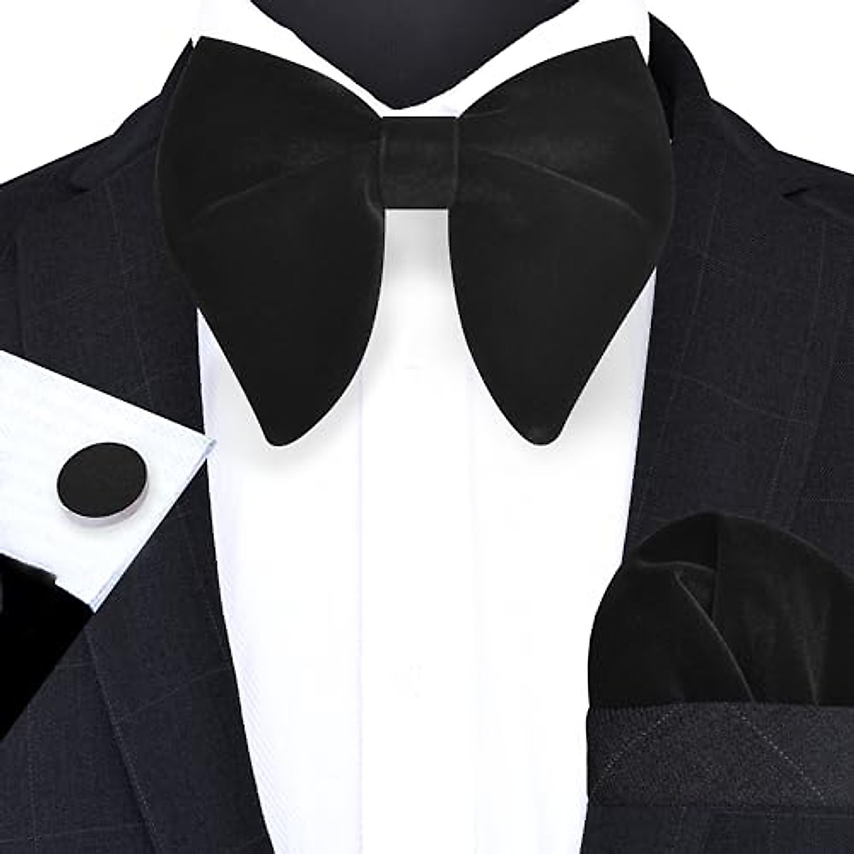 GUSLESON Solid Black Bow Ties For Men Velvet Pre-tied Bowtie and Pocket Square Cufflink Sets Adult Gifts (0571-18)