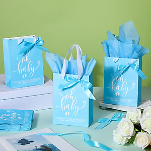 PerKoop 50 Pack Baby Shower Gifts Bag with Tissue Papers Baby Shower Bag with Handle Paper Gift Bag and 50 Sheets Decorative Tissue Paper for Guests Gifts Gender Reveal Baby Shower Favors (Blue)