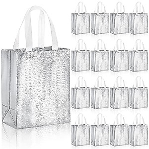 Elsjoy 40 Pack Glossy Reusable Grocery Bags, 10 x 8 Inch Non-woven Tote Shopping Bags with Handle, Silver Shiny Gift Bags Stylish Shopping Bags for Birthday, Wedding, Party, Business
