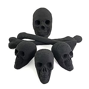 Ceramic Fireproof Skulls and Crossbones Bundle for Indoor and Outdoor Fire Pits and Fireplaces | 1 Full Size Skull, 3 Mini Skulls and 2 Ceramic Crossbones | Black Color