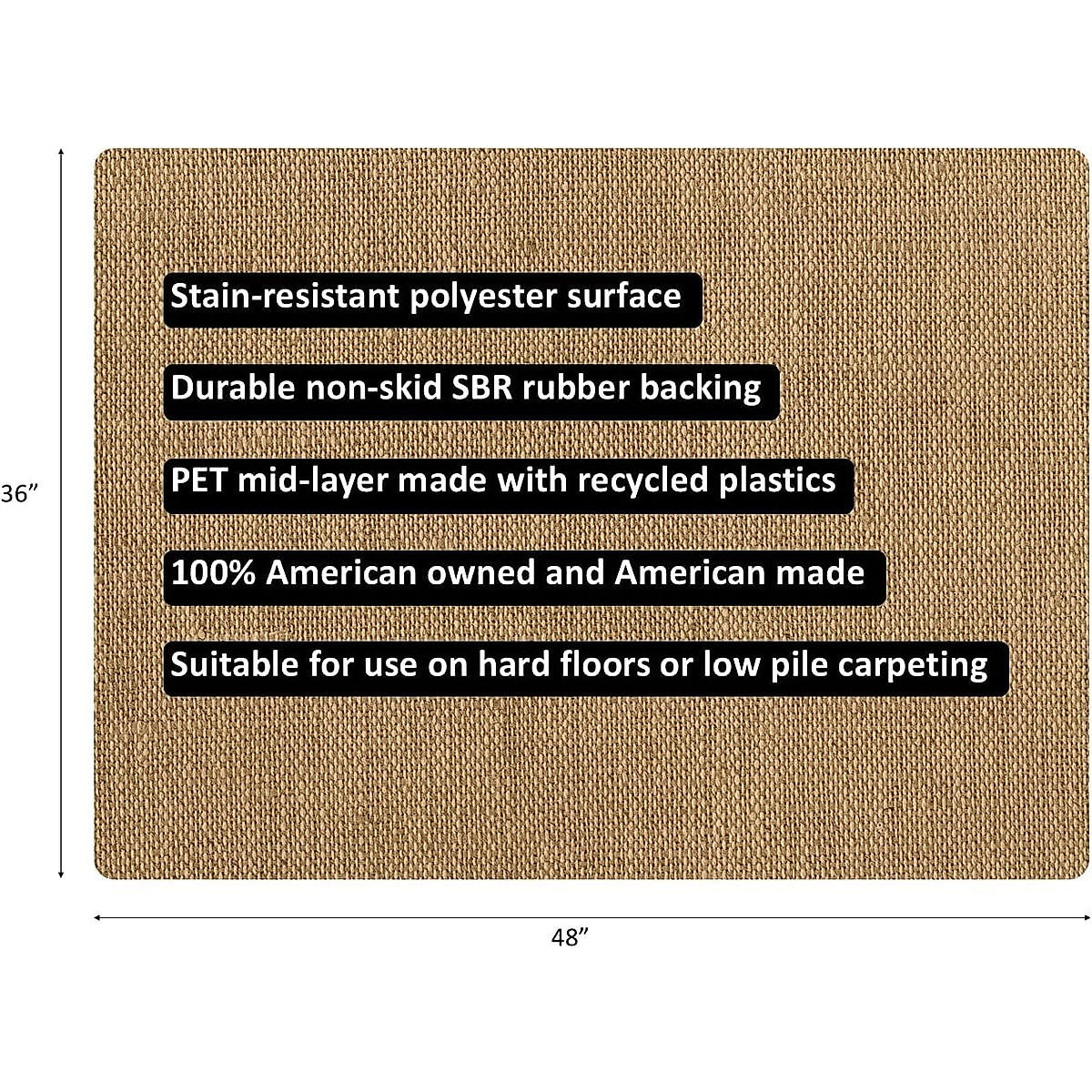 Bungalow Flooring Barbury Weave 9to5 Desk Chair Mat, 3' x 4', Made in USA, Stain-Resistant, Anti-Slip Rubber Backing, Khaki