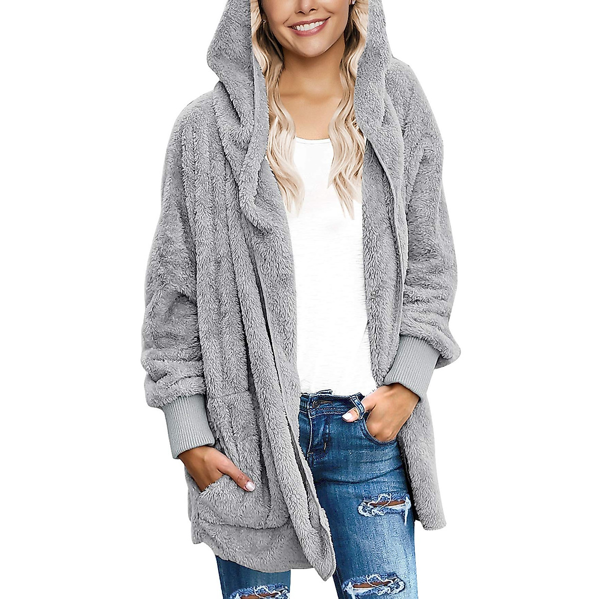 luvamia Women Coat Outfits Cardigan Women's Cardigans Woman Coats and Jackets Sherpa Jacket Women Quite Gray Size Small Size 4 Size 6