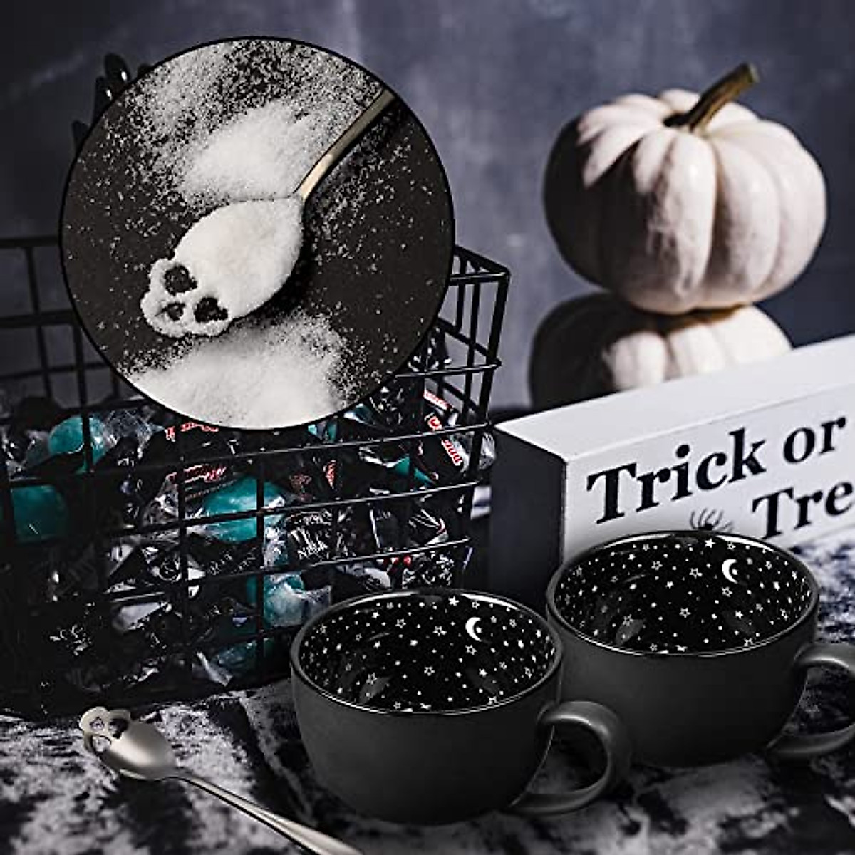 CALATOUR Set Of 2 Midnight Skull Coffee Large Mugs With Skull Spoons In Gift Box,Cute Halloween Spooky Witch Gifts Goth Decor Cool Novelty Tea Cups,21oz/620ml Porcelain(Midnight Black)