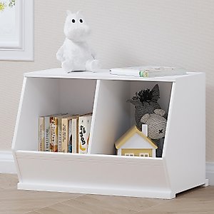UTEX Toy Storage Organizer for Kids, Stackable Toy Storage Cabinet, Wooden Cubby Toy Organizer, White Toy Shelf for Playroom, Bedroom, Living Room, Nursery, 2 Cubes